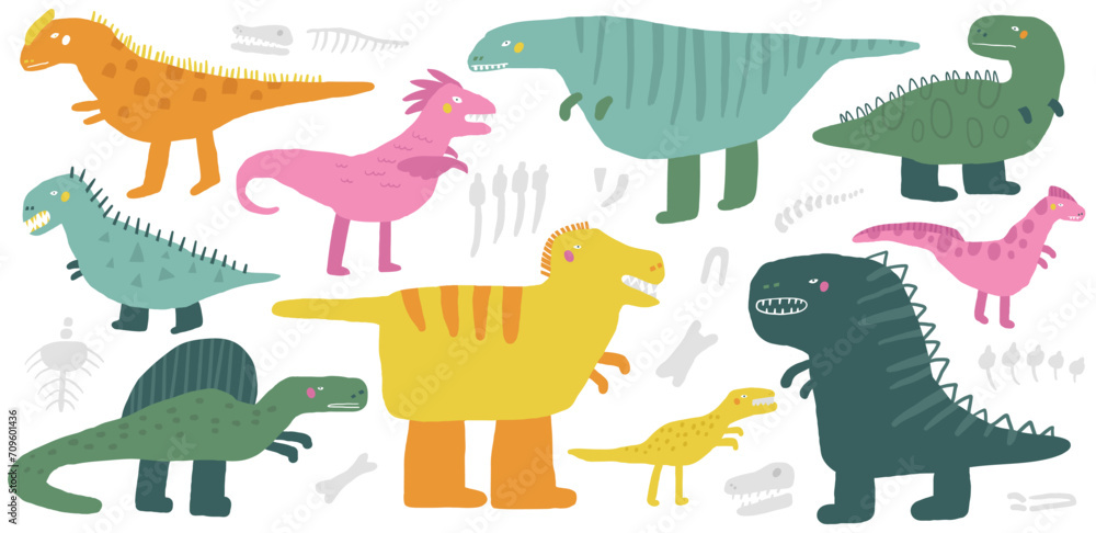 Meat eating dinosaurs set. Cute hand drawn doodle dinos collection ...