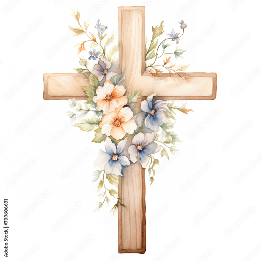 Cross with watercolor flowers on a white background. Religious floral ...