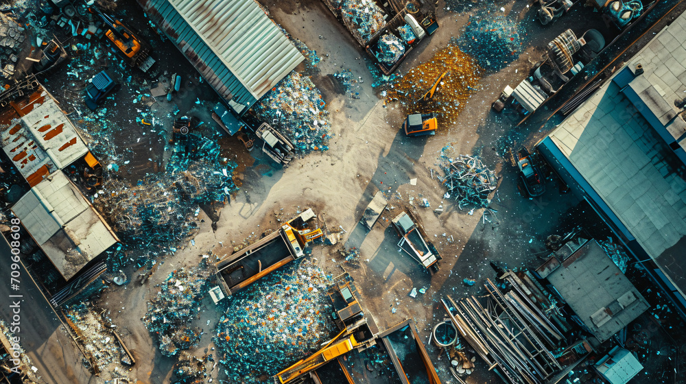 An urban recycling plant with machinery sorting and processing ...
