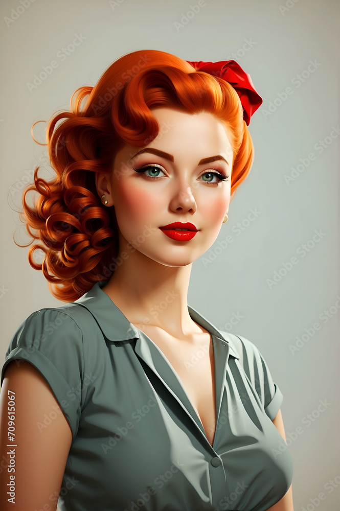 Vintage portrait of a beautiful young girl with curly red hair. 1950s ...