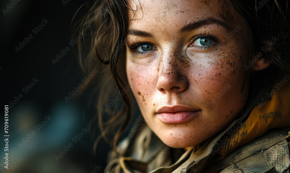 Intense portrait of a determined female soldier in tactical gear ...