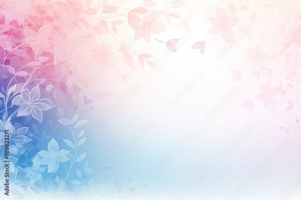 a blue, pink, and white background with a bunch of leaves on the left ...