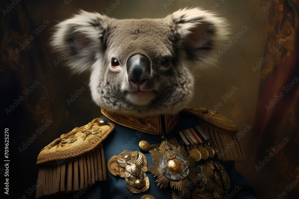 a close up of a koala wearing a uniform with a gold medal around its ...