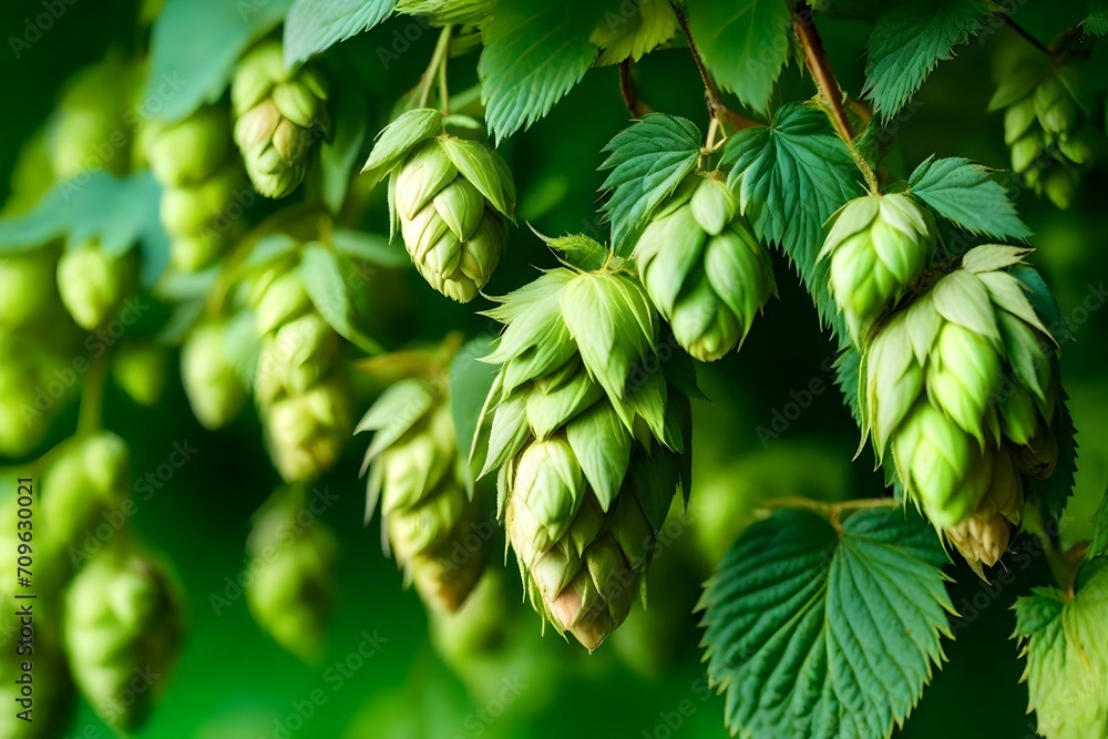Hop plant close up growing on a Hop farm. Fresh and Ripe Hops ready for ...
