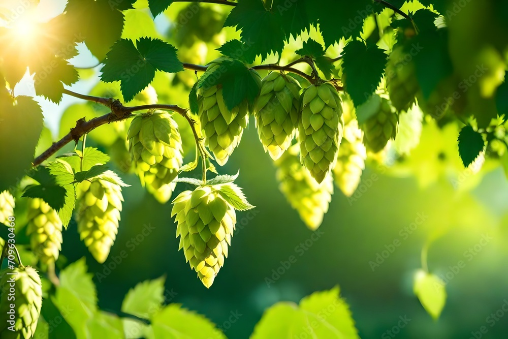 Hop plant close up growing on a Hop farm. Fresh and Ripe Hops ready for ...