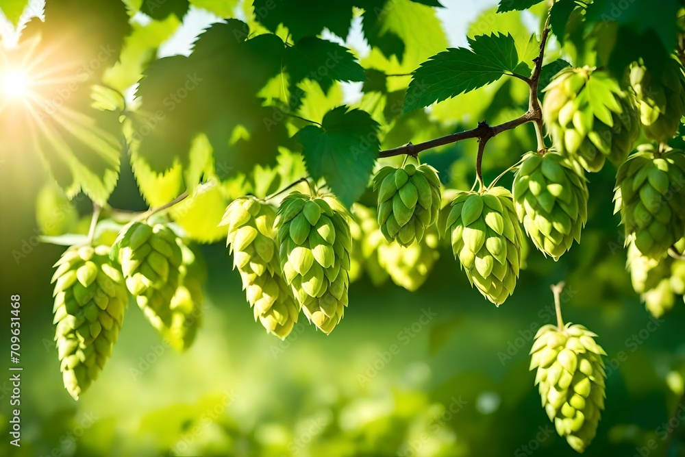 Hop plant close up growing on a Hop farm. Fresh and Ripe Hops ready for ...