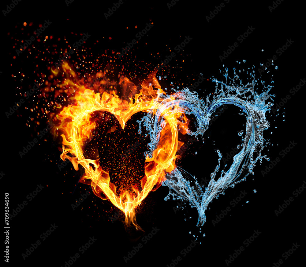 Water and fire. Two hearts made of fire and water on a black background ...