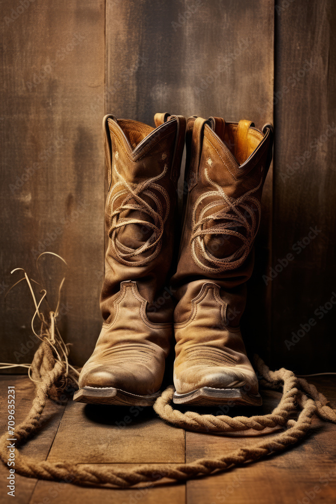 a pair of brown cowboy boots and a coil of rope on a wooded surface ...
