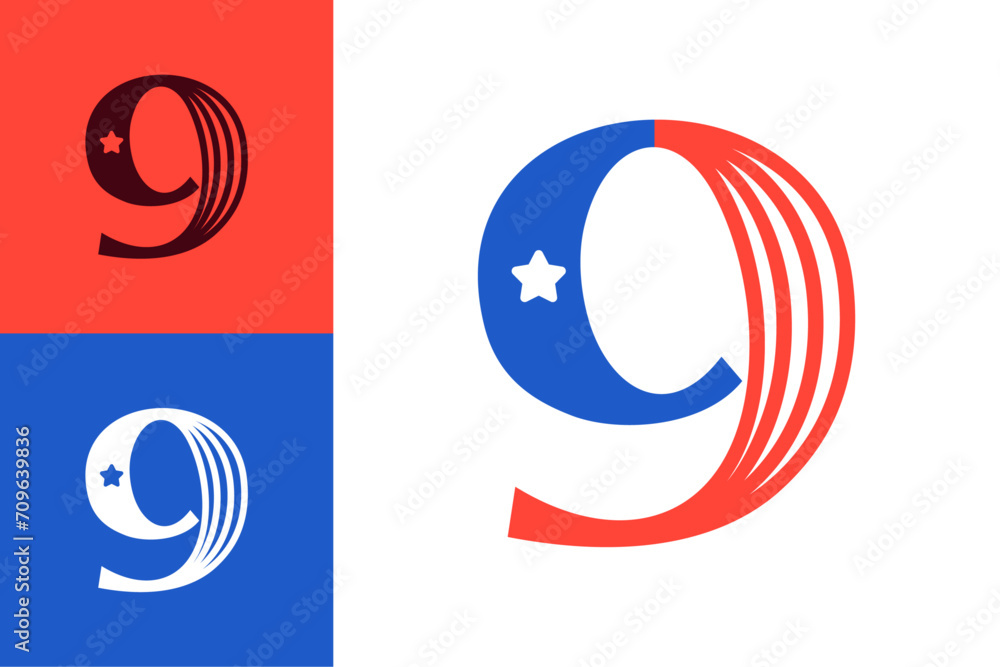 9 logo. Number nine made of American flag. Serif font with Star and ...