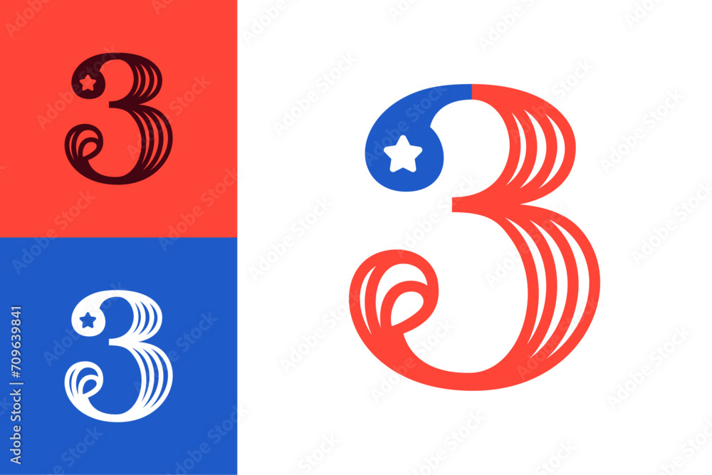3 logo. Number three made of American flag. Serif font with Star and ...