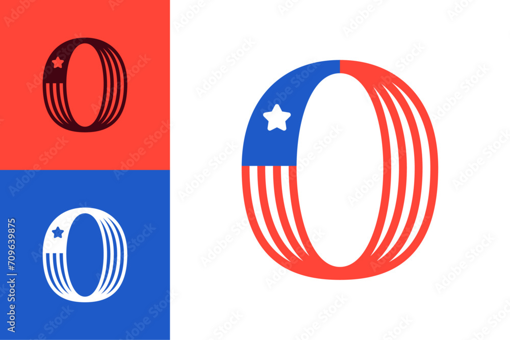 0 logo. Number zero made of American flag. Serif font with Star and ...