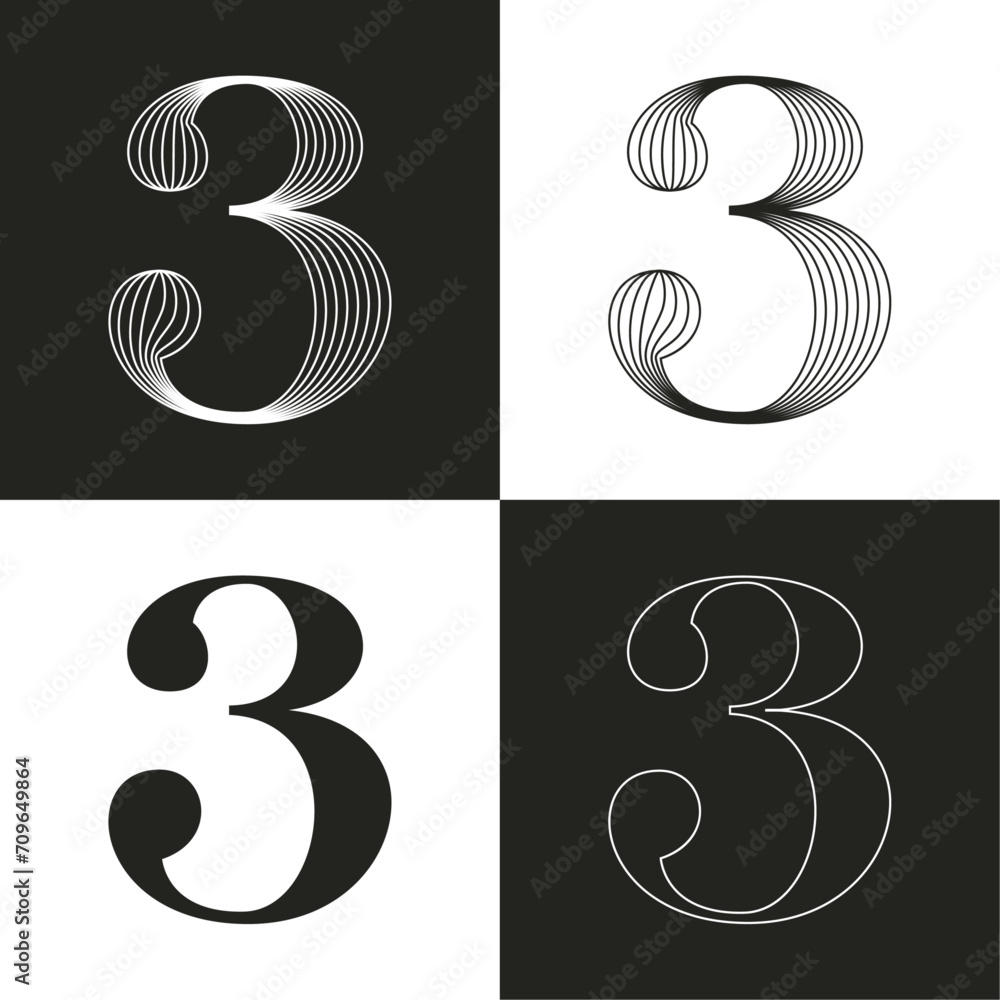 3 logo. Luxury wedding number three. Elegant classic serif font made of ...