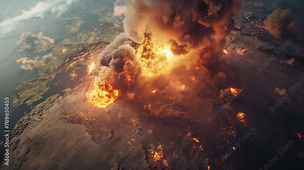 World map with explosions in places of armed conflicts ilustração do ...