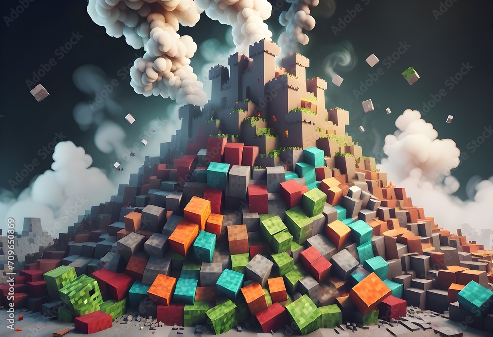 Eruption of minecraft world. Exploding Minecraft colorful cubes paint ...