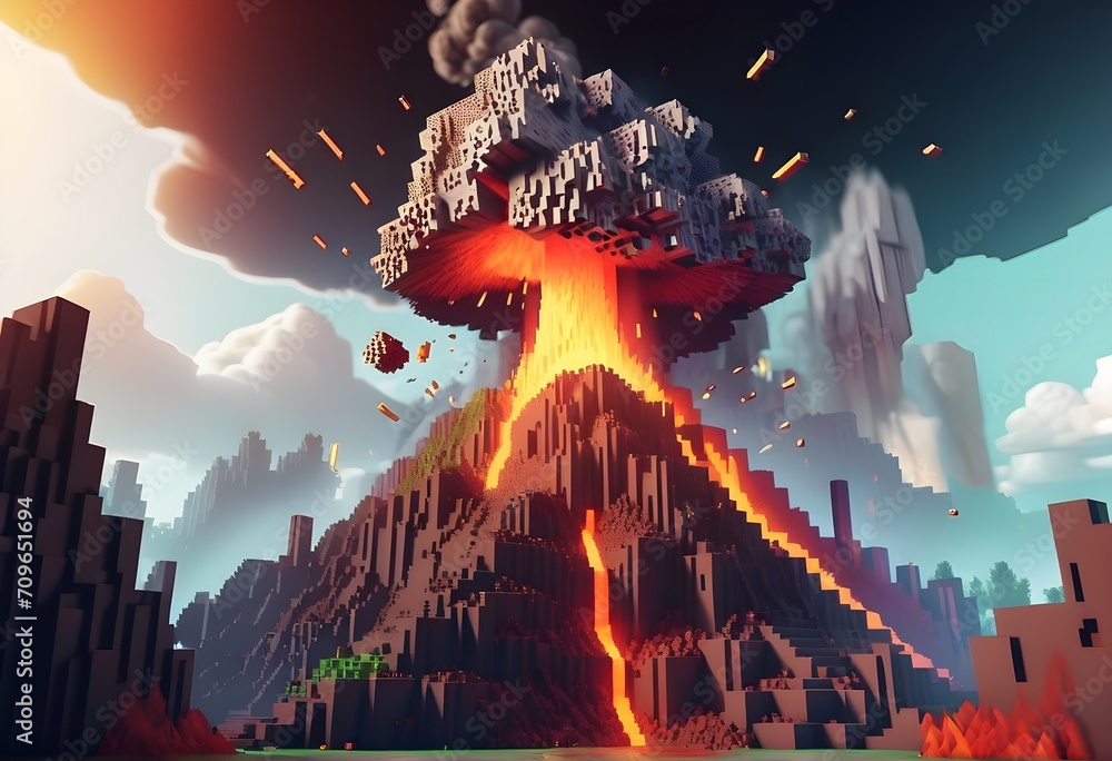 Eruption of minecraft world. Exploding Minecraft colorful cubes paint ...