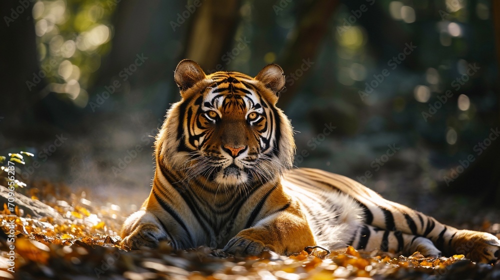 Massive and powerful Bengal tiger, its golden fur shimmering in the ...