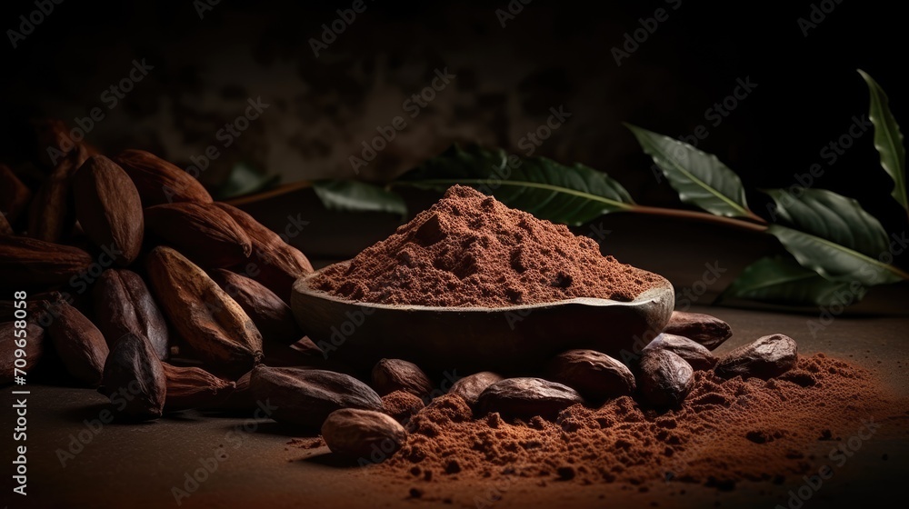 cocoa powder and cocoa beans. Chocolate and its ingredients Stock Photo ...