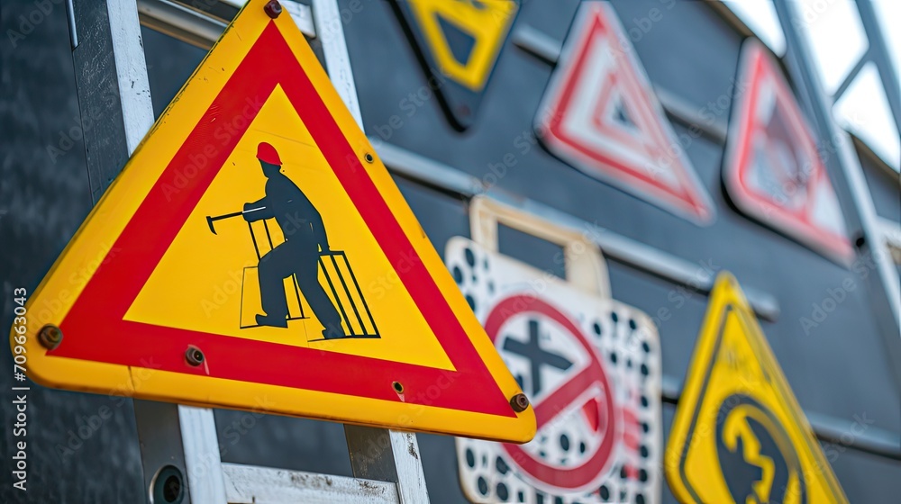 Set of safety caution signs and symbols of working at heights Stock ...