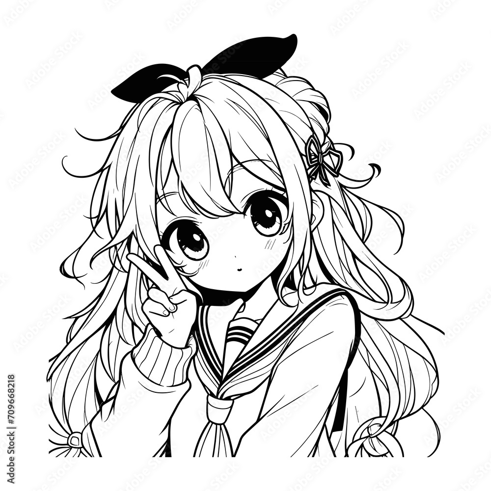 Vector anime student girl outline drawing hand drawn illustration ...