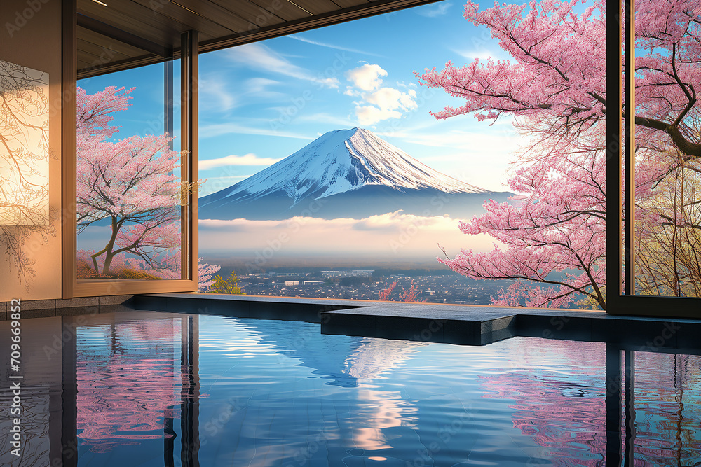Japanese outdoor hot springs (Onsen) overlooking Mount Fuji and Sakura ...
