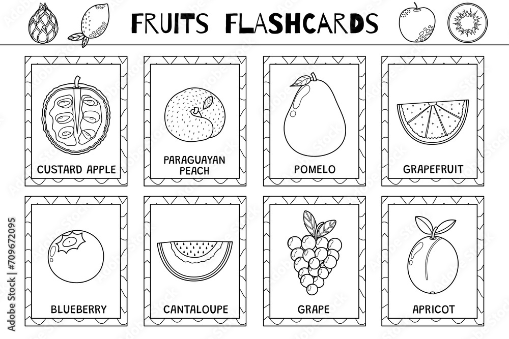 Fruits black and white flashcards collection. Healthy food flash cards ...