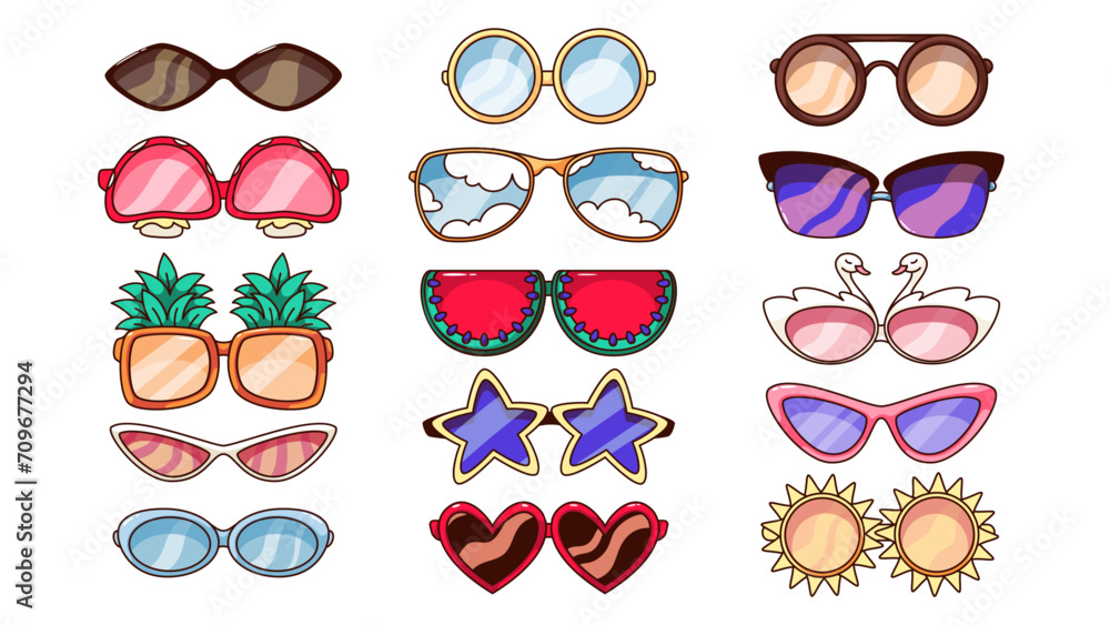 Groovy cartoon sunglasses set. Funny retro summer eyewear with ...