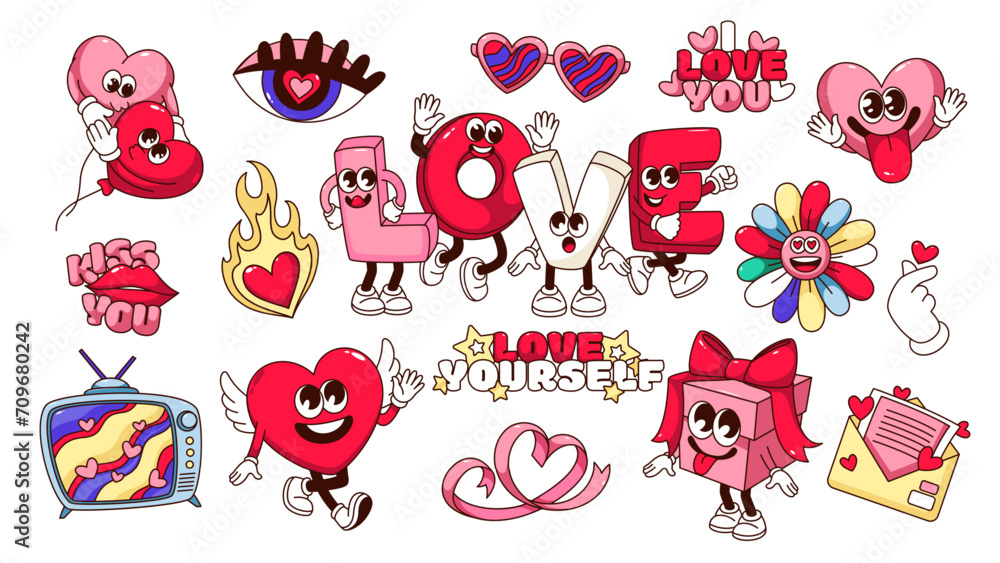 Groovy Love Cartoon Characters And Stickers Set Funny Retro Romantic