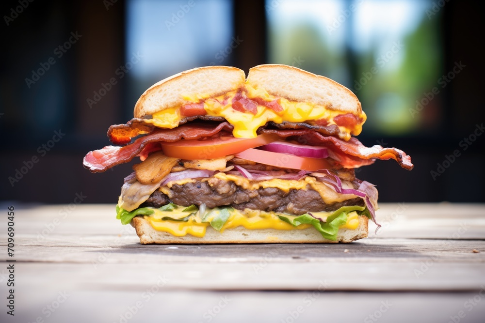 bacon cheeseburger cut in half, cross-section Stock Photo | Adobe Stock
