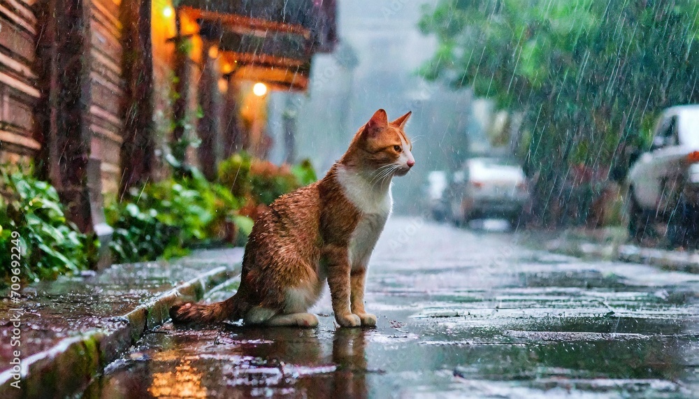 Cat.Rainy Cat Stroll." Illustrate a mysterious cat roaming the city ...