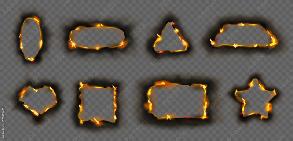 Burning paper borders with fire, isolated geometric shapes with flame ...