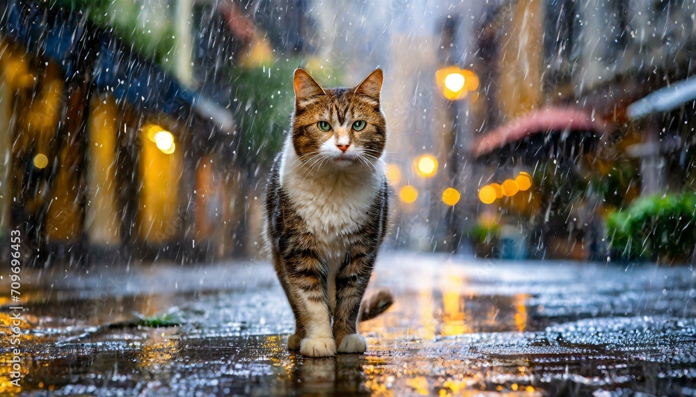 Cat in the Rain." Illustrate a mysterious cat wandering through the ...
