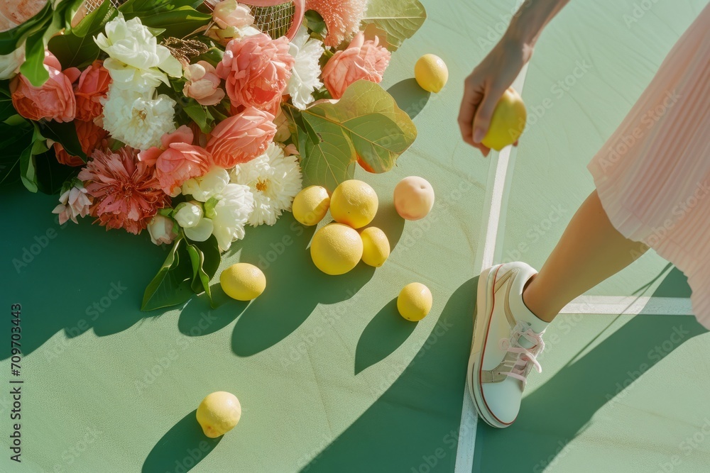 Elegant sports concept with a playful array of lemons, a tennis racket ...