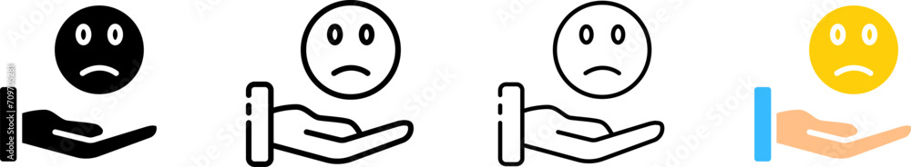 Sad emoticon icons. Line, emoticon in the palm, sad emoticon, palm of ...