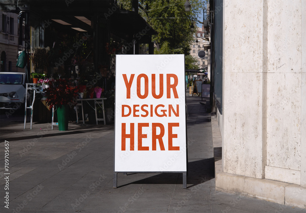 Mockup of customizable A-frame sign on sidewalk Stock Template | Adobe ...