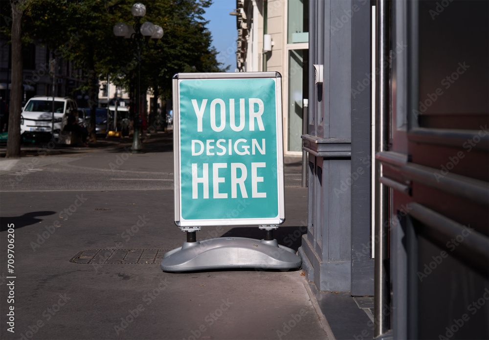 Mockup of customizable freestanding sign on sidewalk Stock Template ...