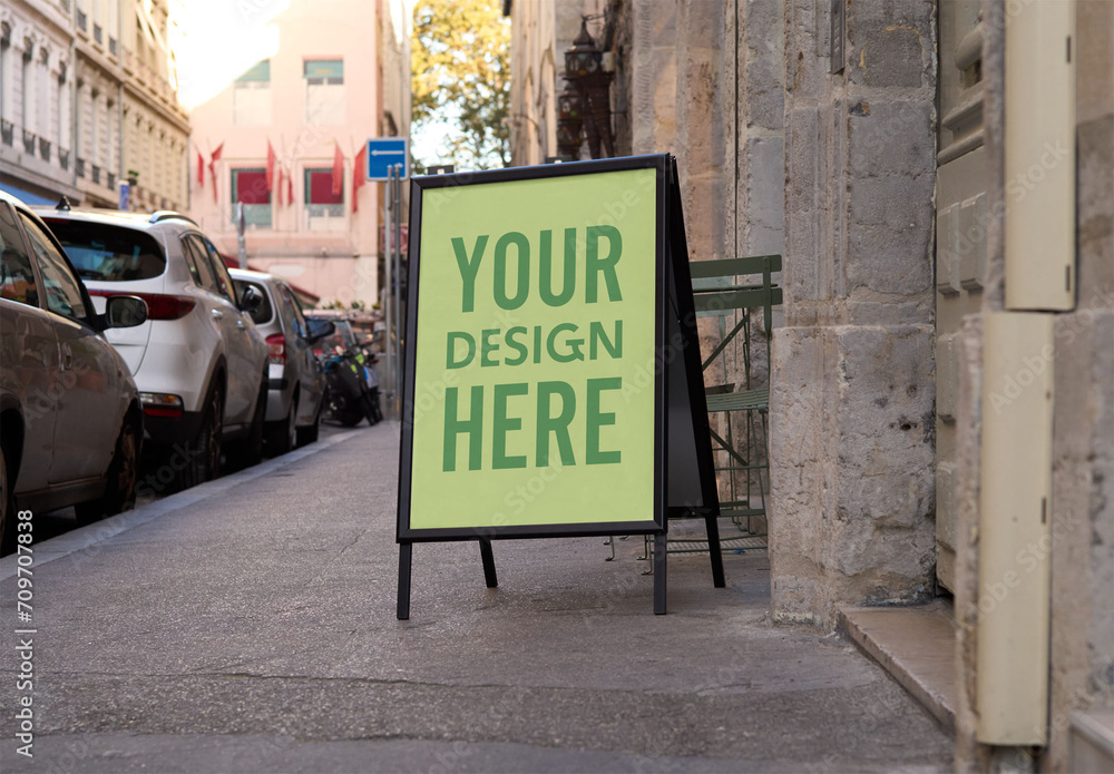 Mockup of customizable A-frame sign by buildings Stock Template | Adobe ...