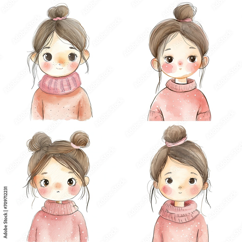 watercolor cartoon illustration collection set, cute attractive girl ...
