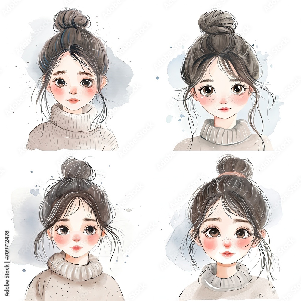 watercolor cartoon illustration collection set, cute attractive girl ...