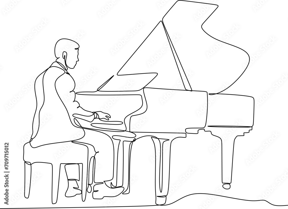 Vetor de Single continuous line drawing of young happy male pianist ...