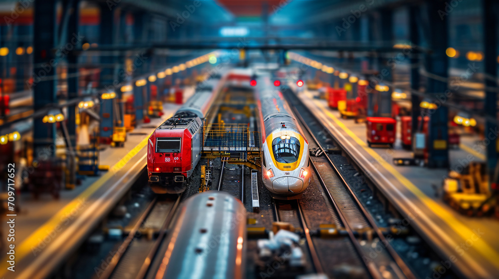 A high-speed train maintenance facility with machinery for servicing ...