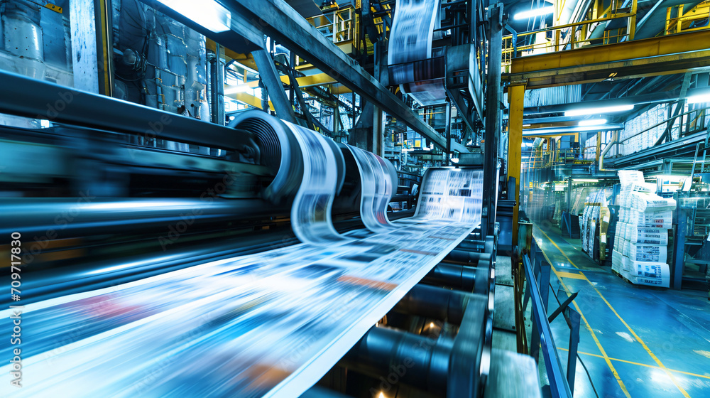 A high-tech printing press with machinery rapidly producing newspapers ...