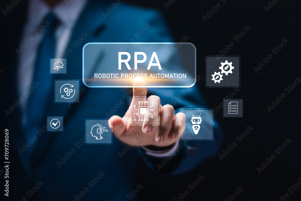 RPA (Robotic Process Automation system) concept, Businessman touch ...