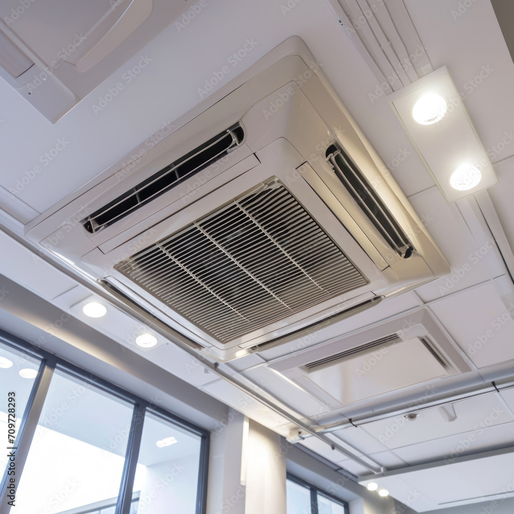 Ceiling mounted cassette type air conditioner and modern lamp light on ...