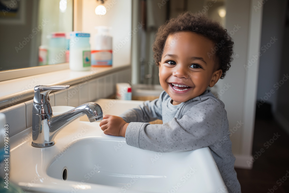 Smiling cute African American preteen child standing next to the ...