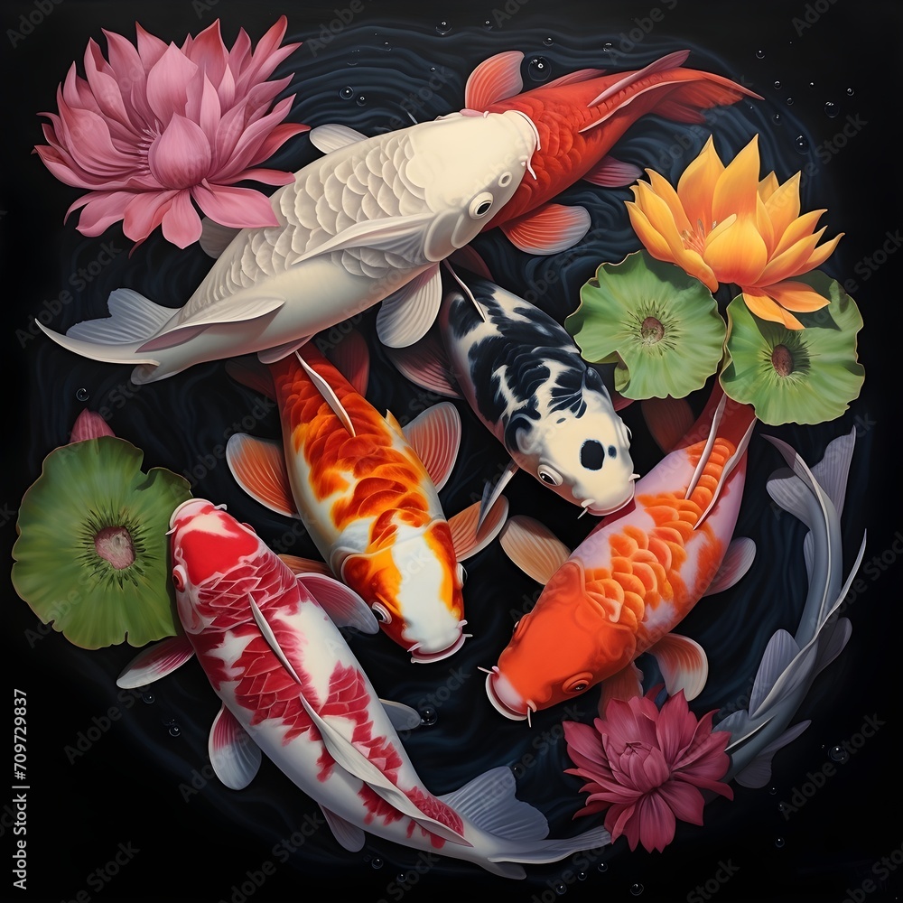 oil painting of the 5 koi fish swimming around one lotus flower, hyper ...