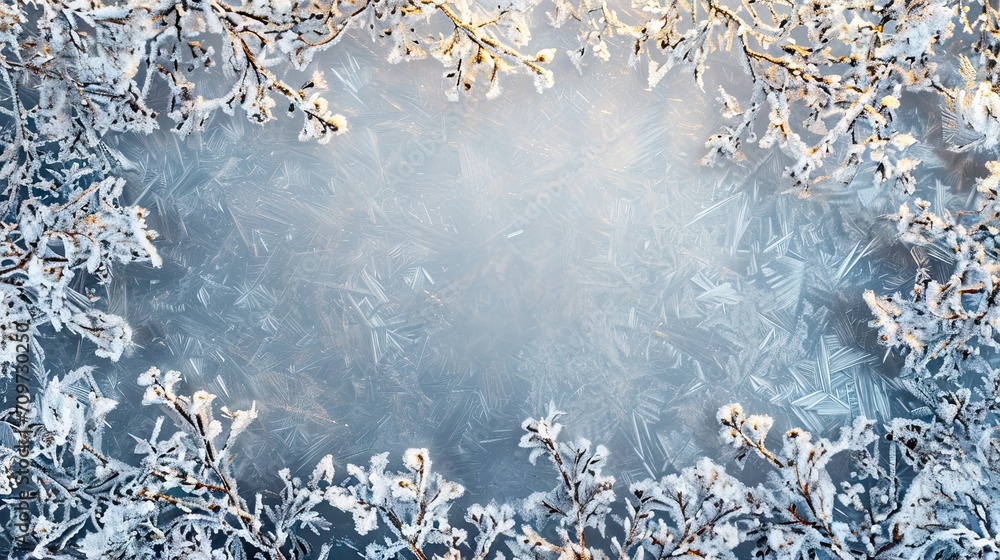 A frame of a frosty pattern of ice crystals on a blurred winter ...