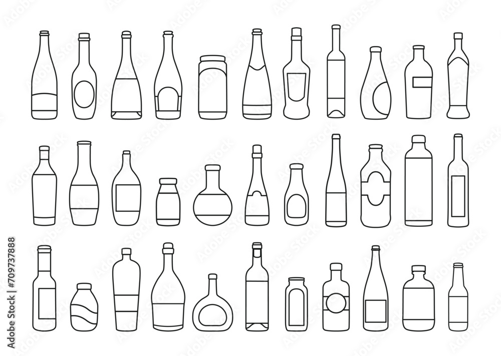 Various glass bottle types line icon set. Concept of alcoholic ...