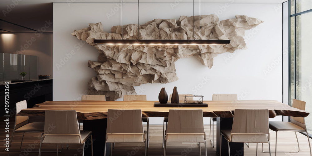 Uma mesa de jantar de madeira natural com cadeiras bege e sobre a mesa ...