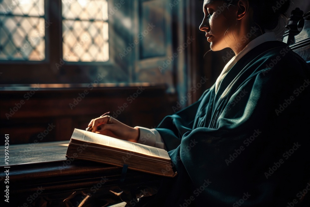 Female judge is sitting reading a law book. Concept for International ...