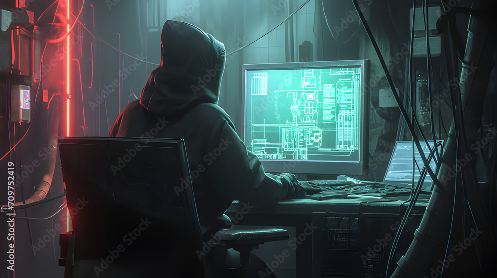 A Hacker Wearing A Hoodie In A Room Full Of Computers Cyber Security Hacking And Cracking